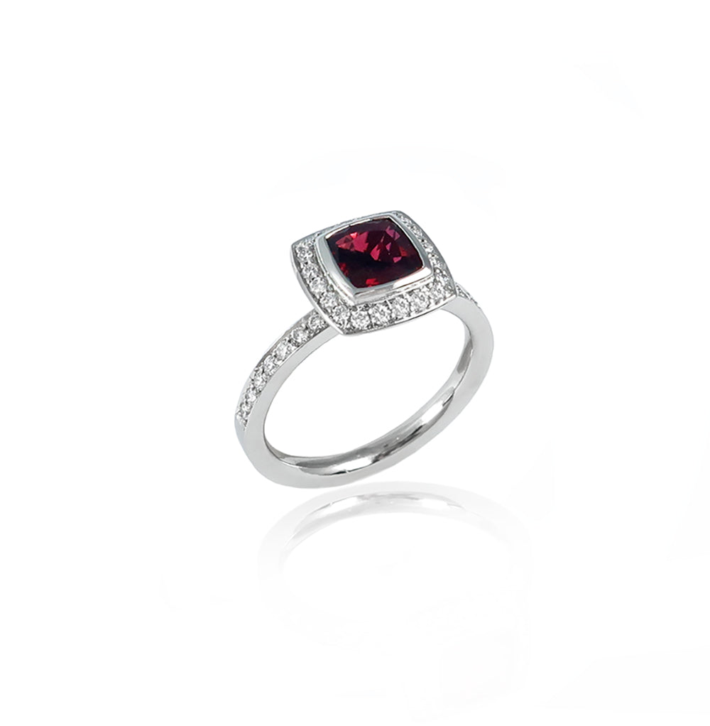 Cushion Cut Ruby & Diamond Platinum Ring – Fiona Rae Jewellery